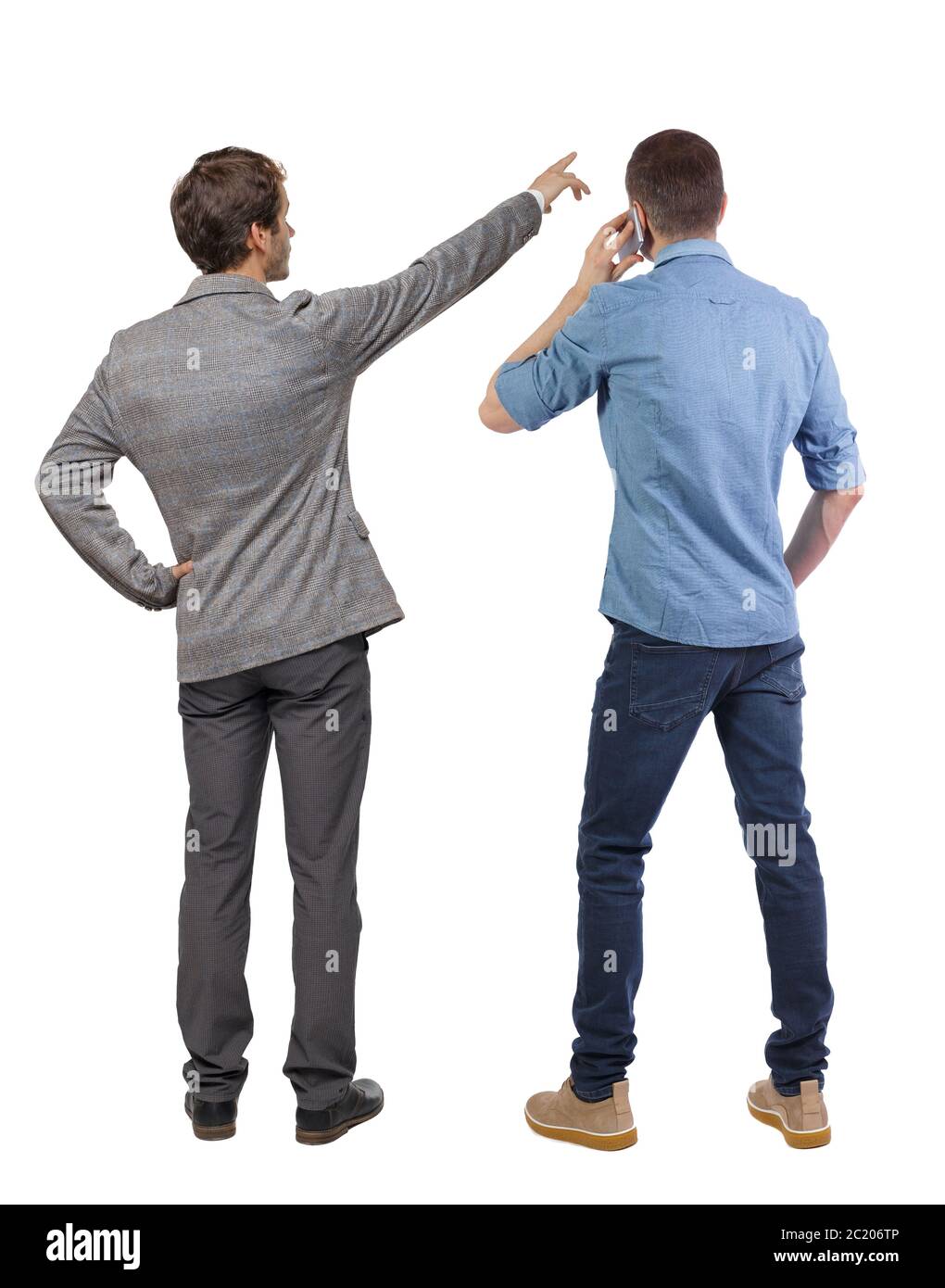 Back view of two business man in suit with mobile phone. Business team ...