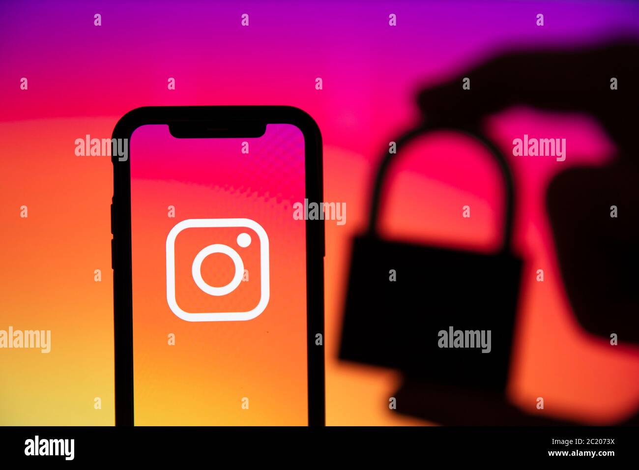 LONDON, UK - June 2020: Instagram logo on a smartphone with a security ...