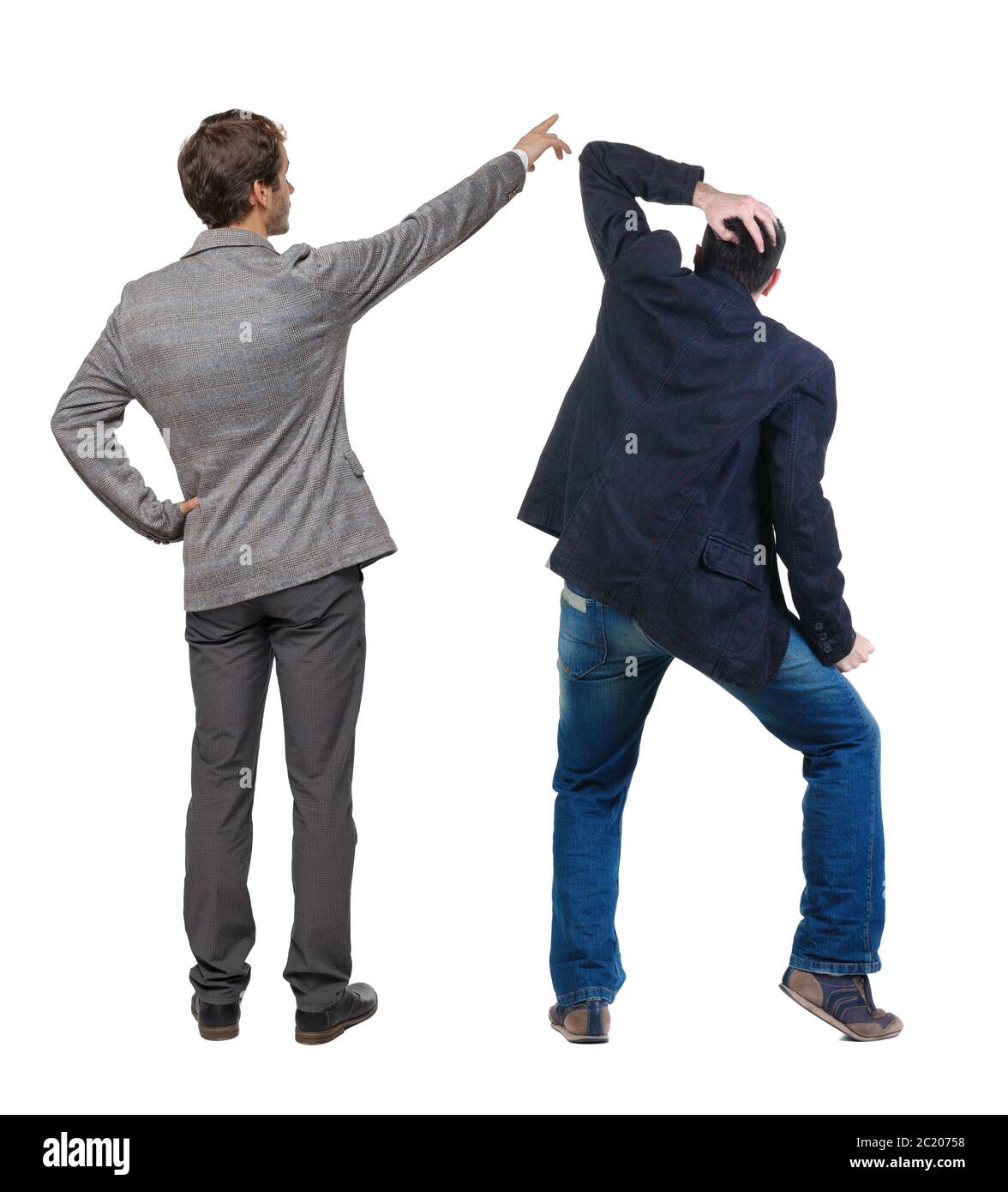 Back view of two business men in suit pointing. Rear view people ...