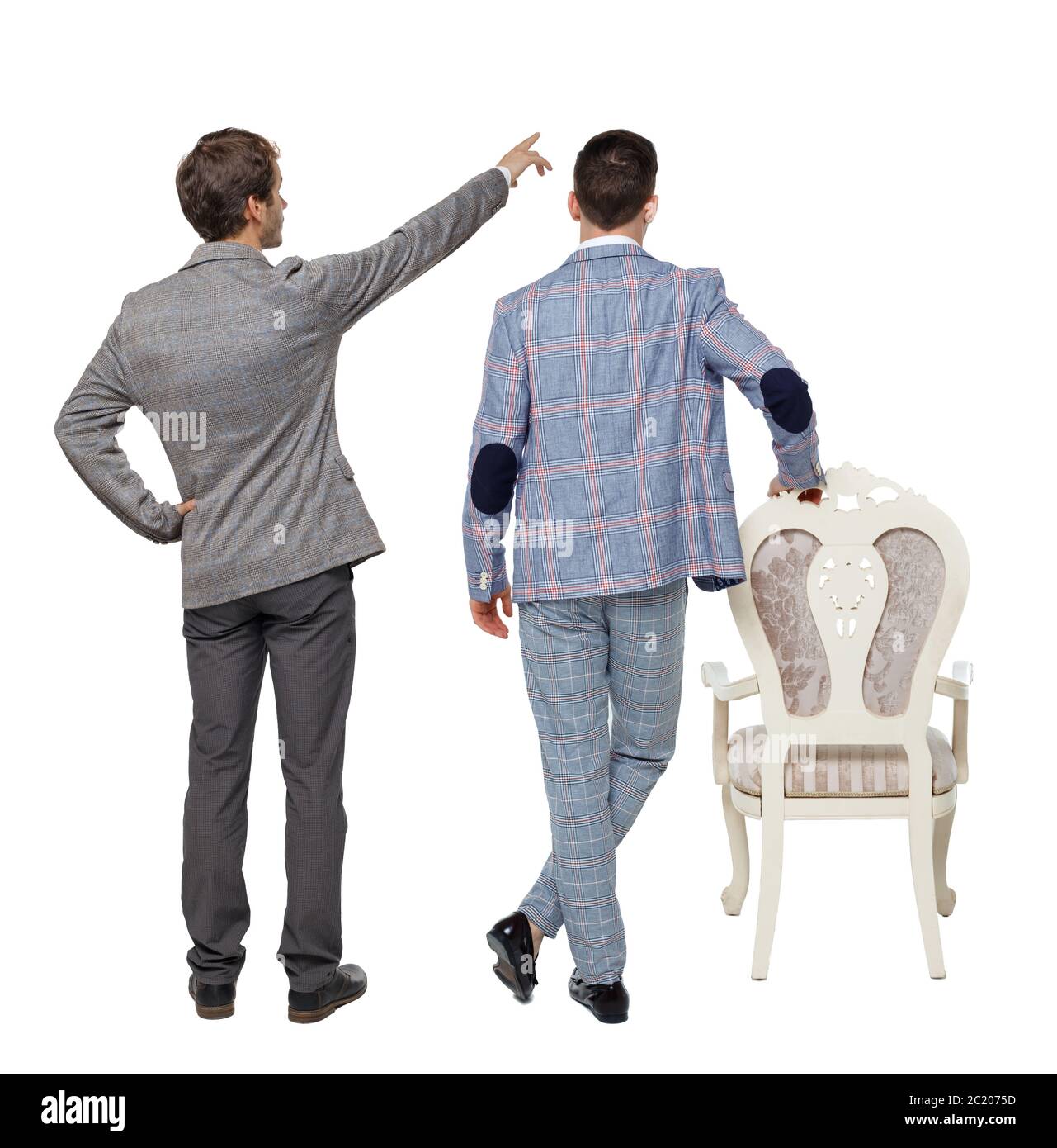 Back view of two business men in suit pointing. Rear view people ...