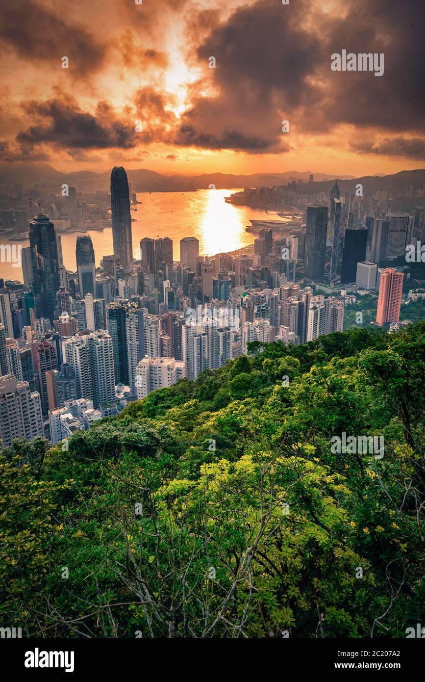 Hong Kong city skyline at sunrise view from Peak mountain Stock Photo ...