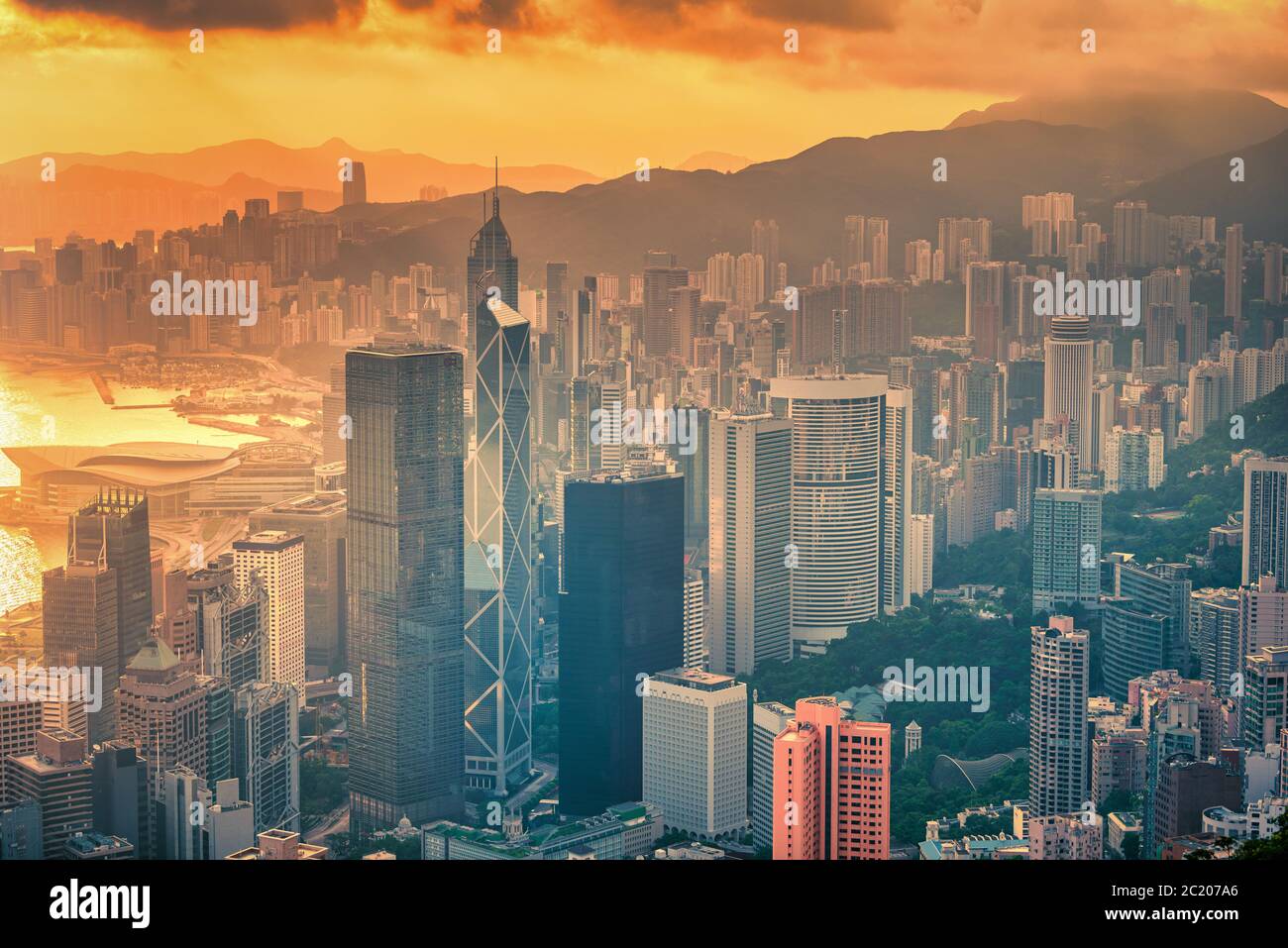 Hong Kong city skyline at sunrise view from Peak mountain Stock Photo ...