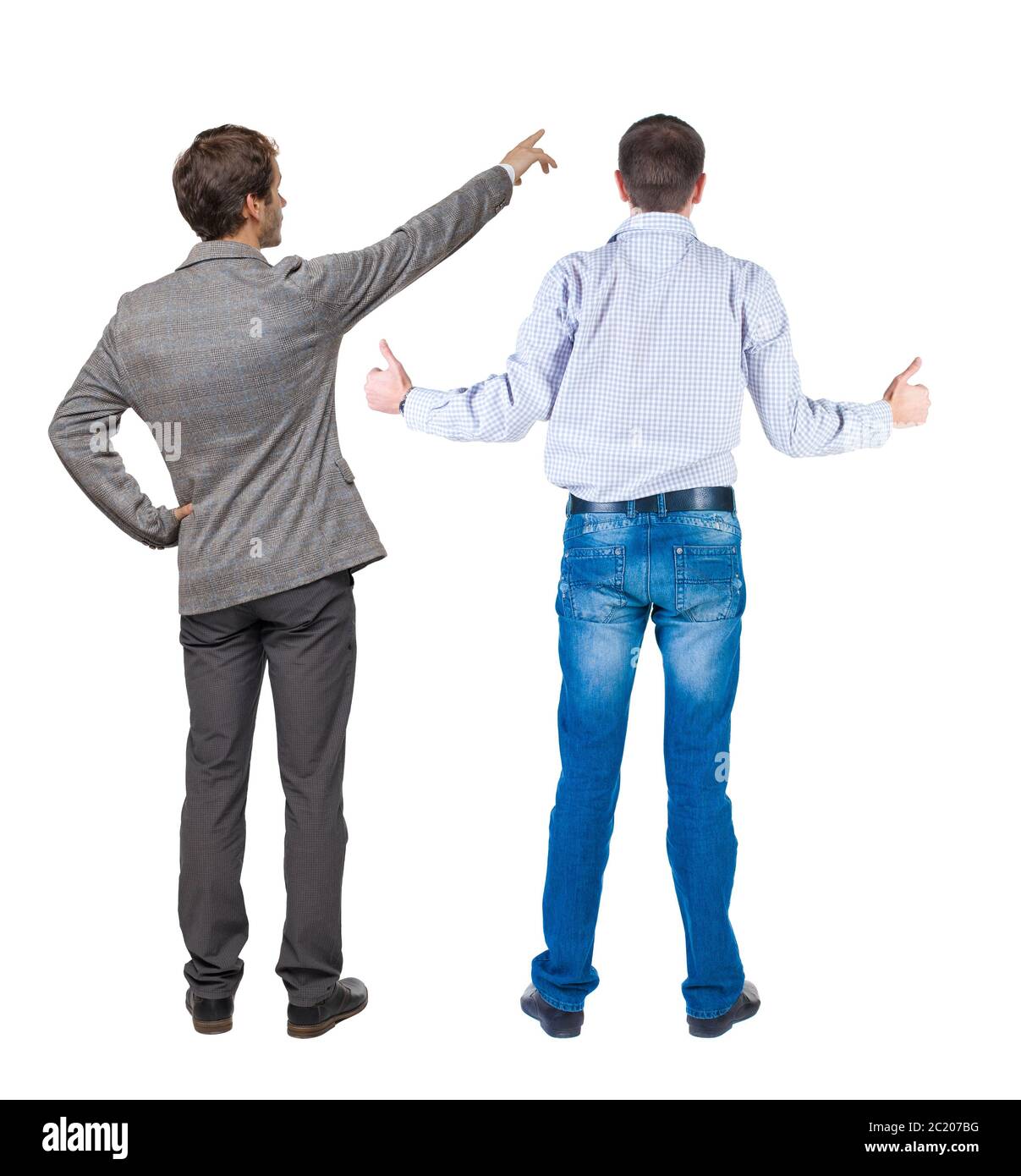 Back view of two business men in suit pointing. Rear view people ...