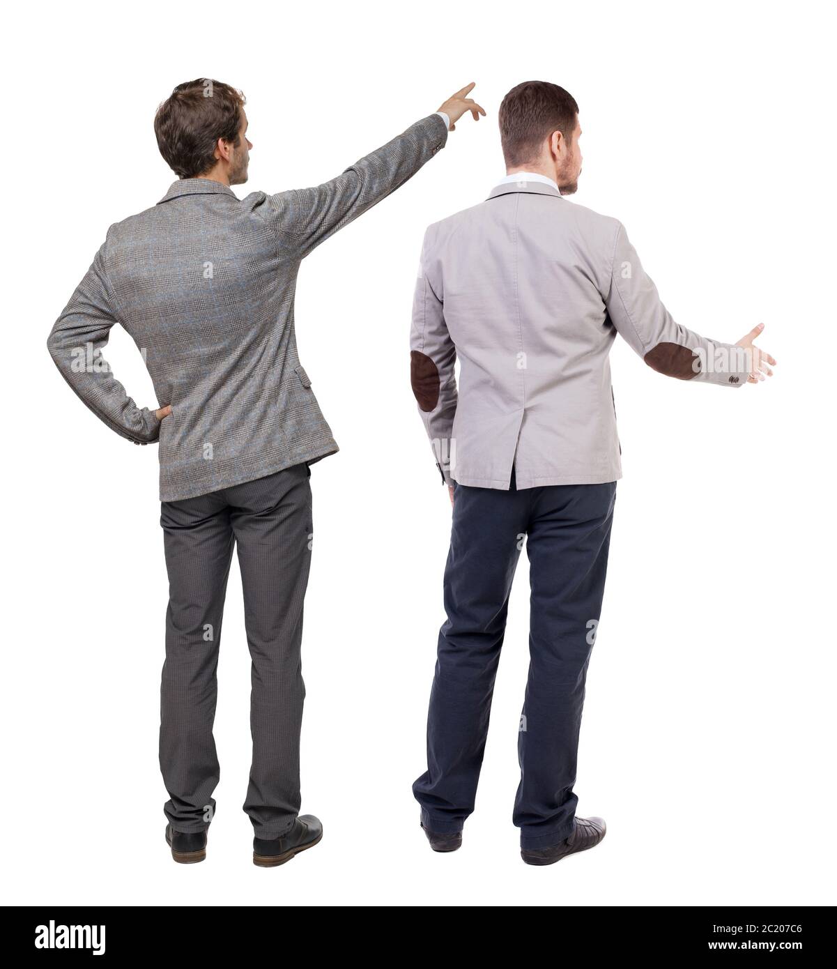 Back view of two business men in suit pointing. Rear view people ...