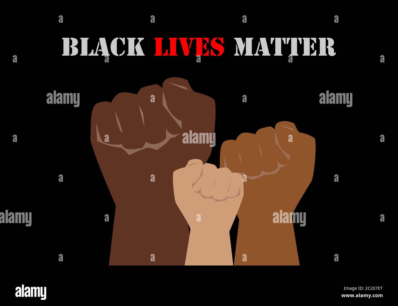 Black lives matter. Human fists raised up against black background ...