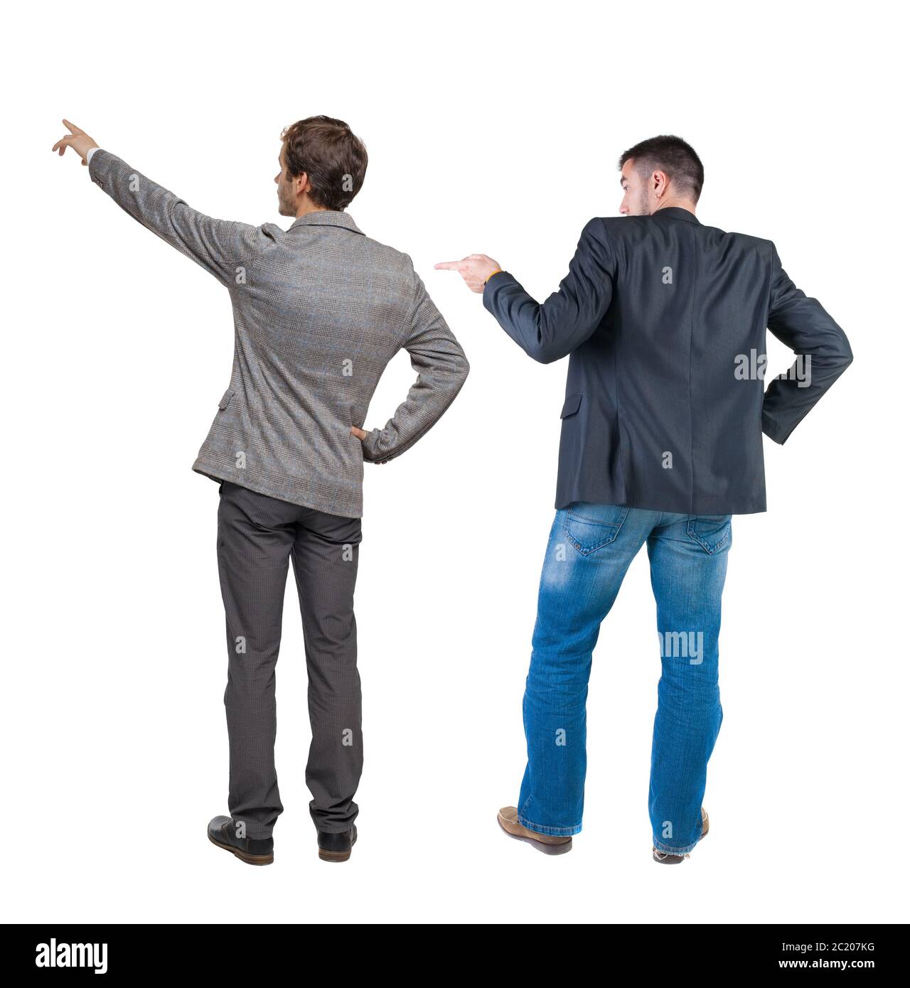 Back view of two business men in suit pointing. Rear view people ...