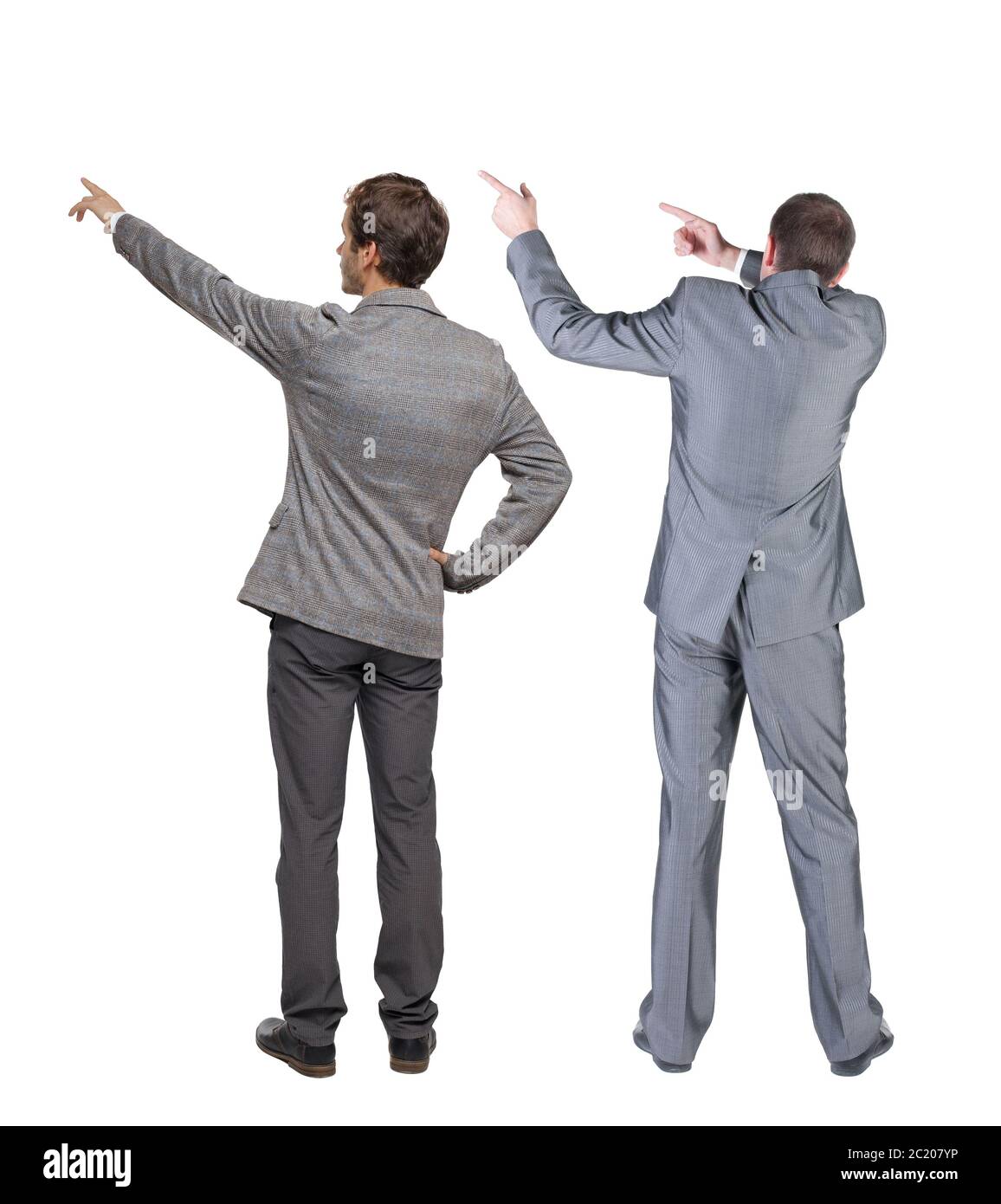 Back view of two business men in suit pointing. Rear view people ...