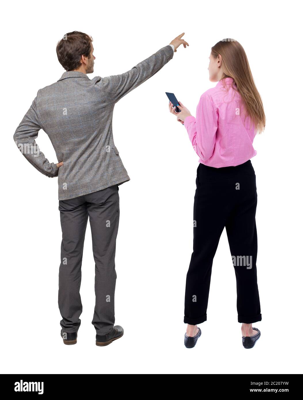 Back view of business woman and business man in suit with mobile phone ...