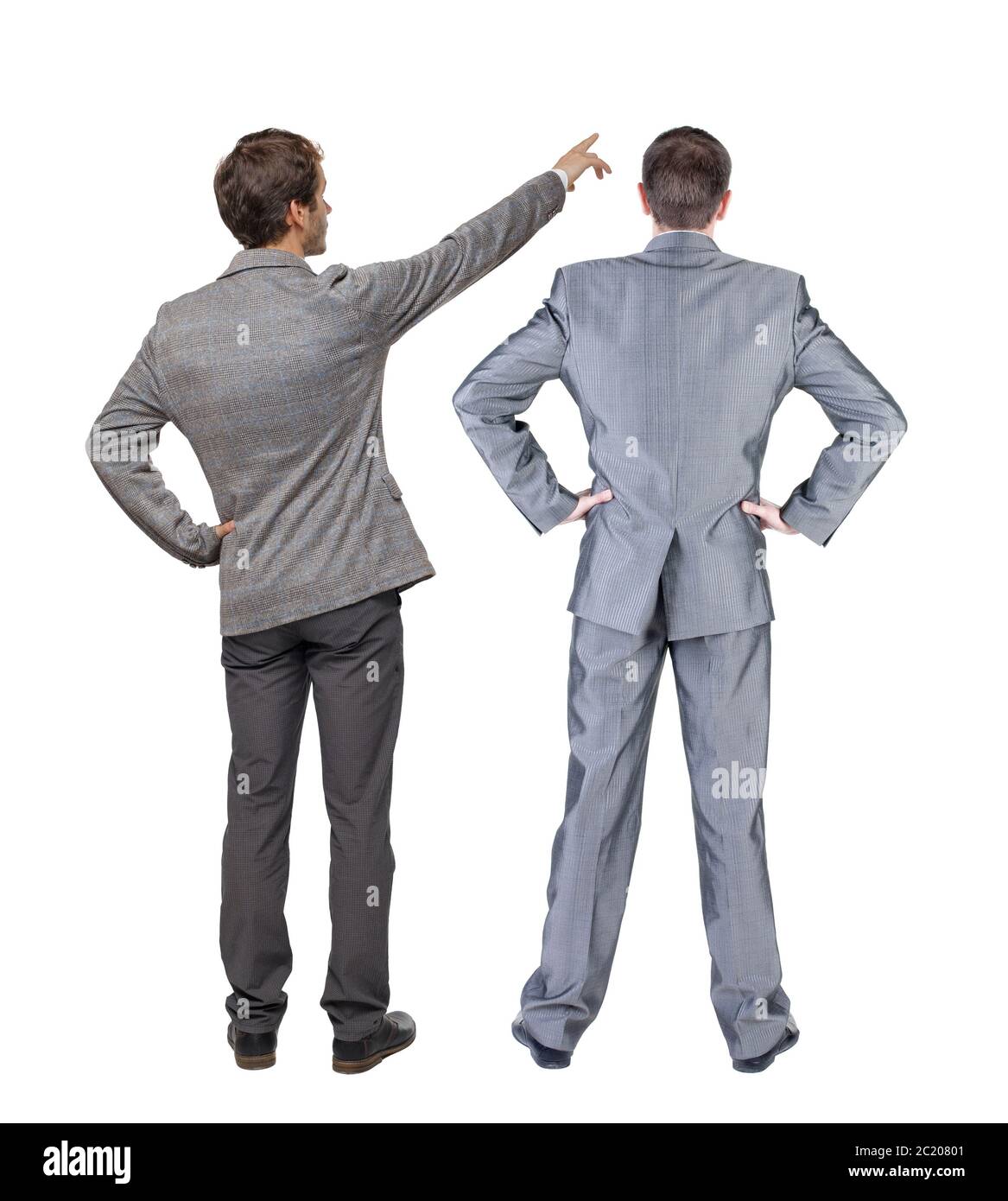 Back view of two business men in suit pointing. Rear view people ...