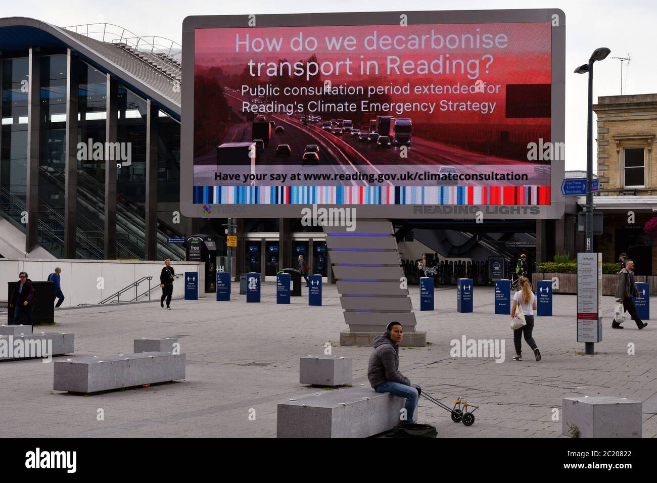 Large signage outside Reading Station showing new station pedestrian ...