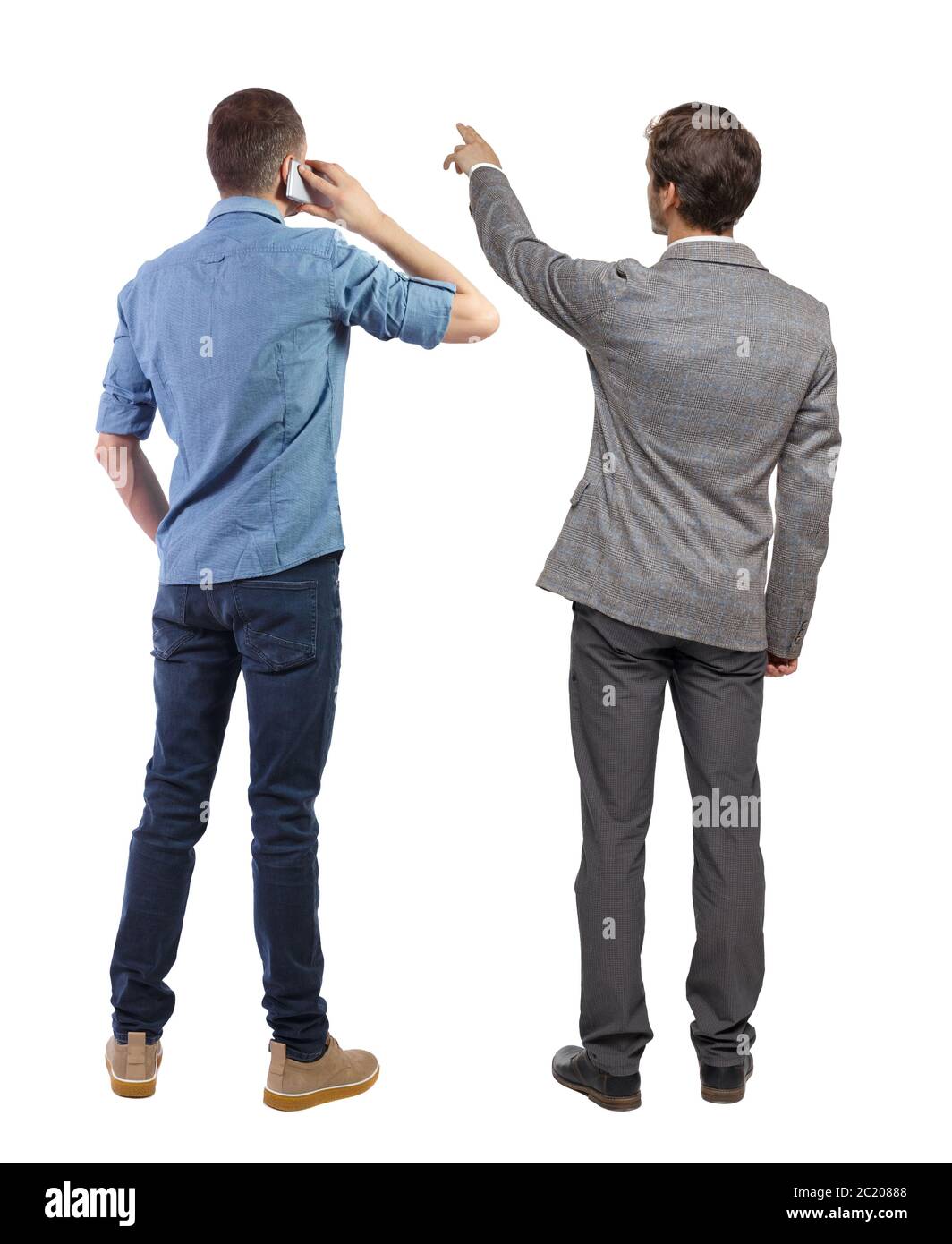 Back view of two business man in suit with mobile phone. Business team ...