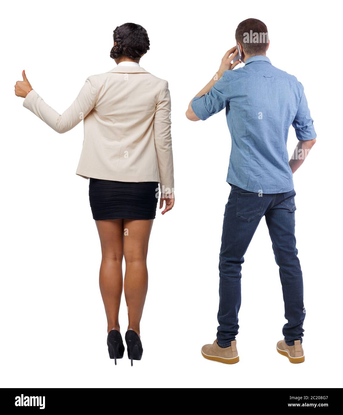 Back view of business woman and business man in suit with mobile phone ...