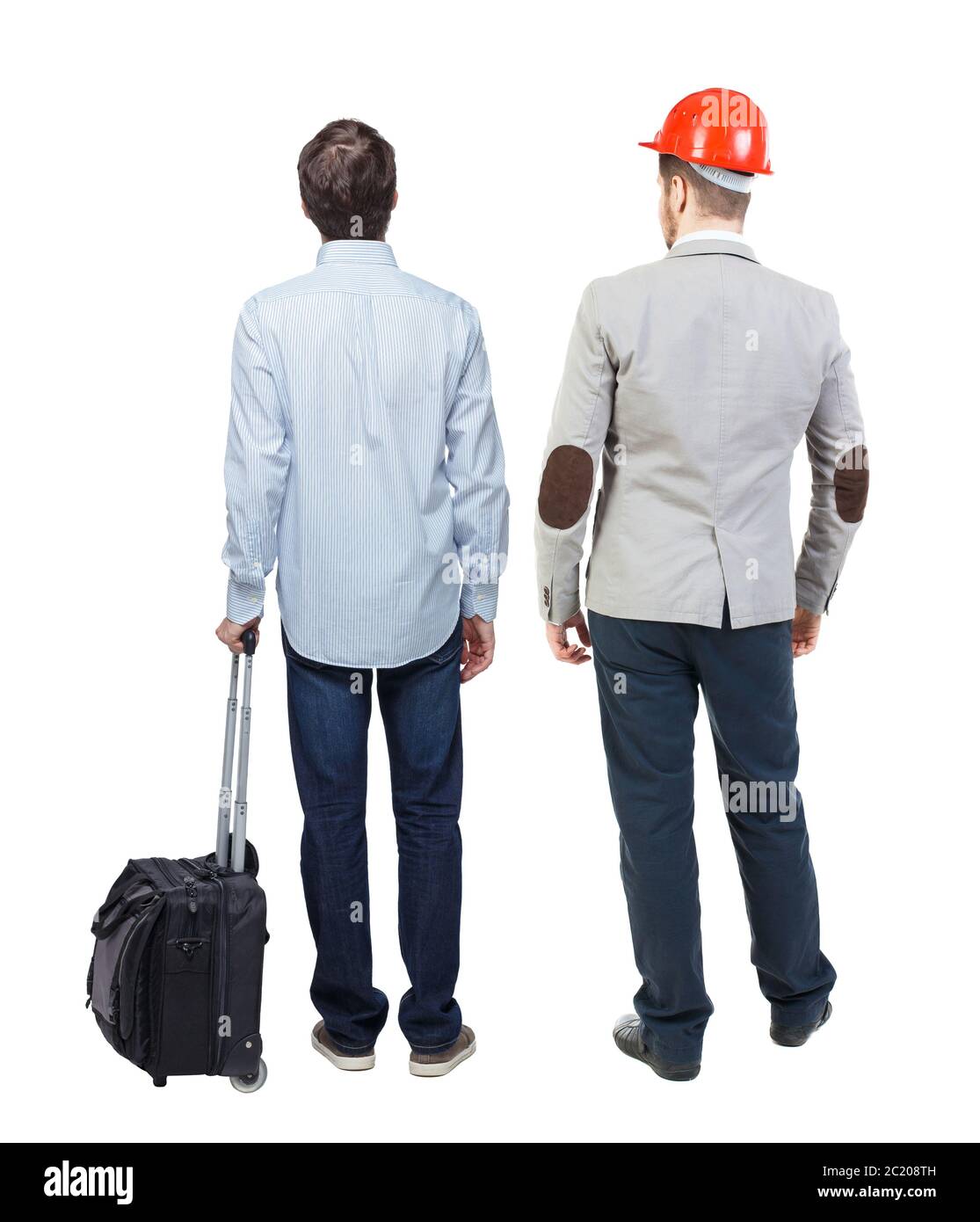 Back view of two business men in suit pointing. Business team ...