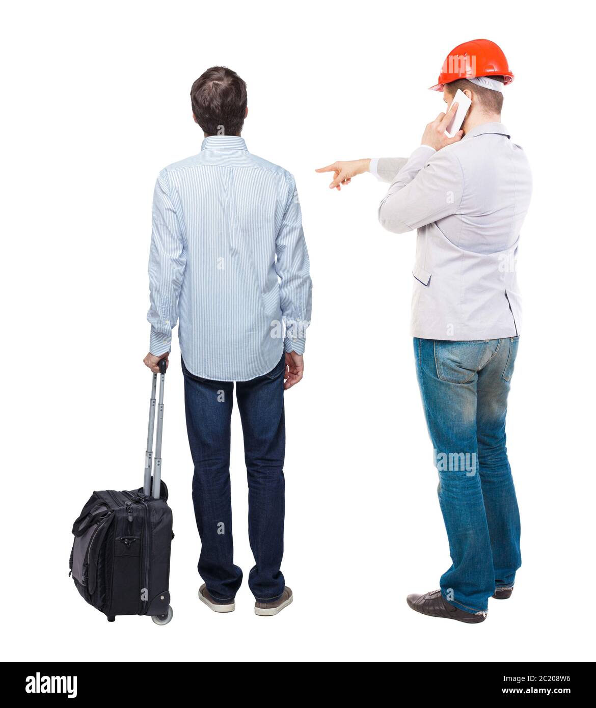 Back view of two business men in suit pointing. Business team ...