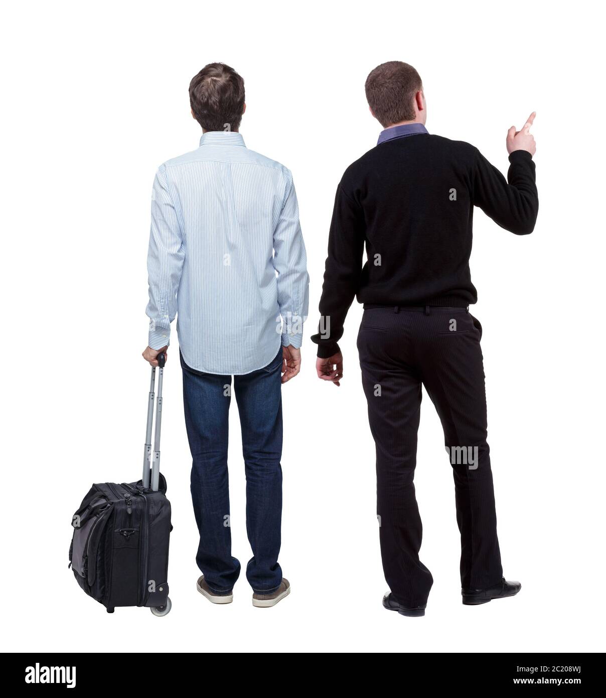 Back view of two business men in suit pointing. Business team ...