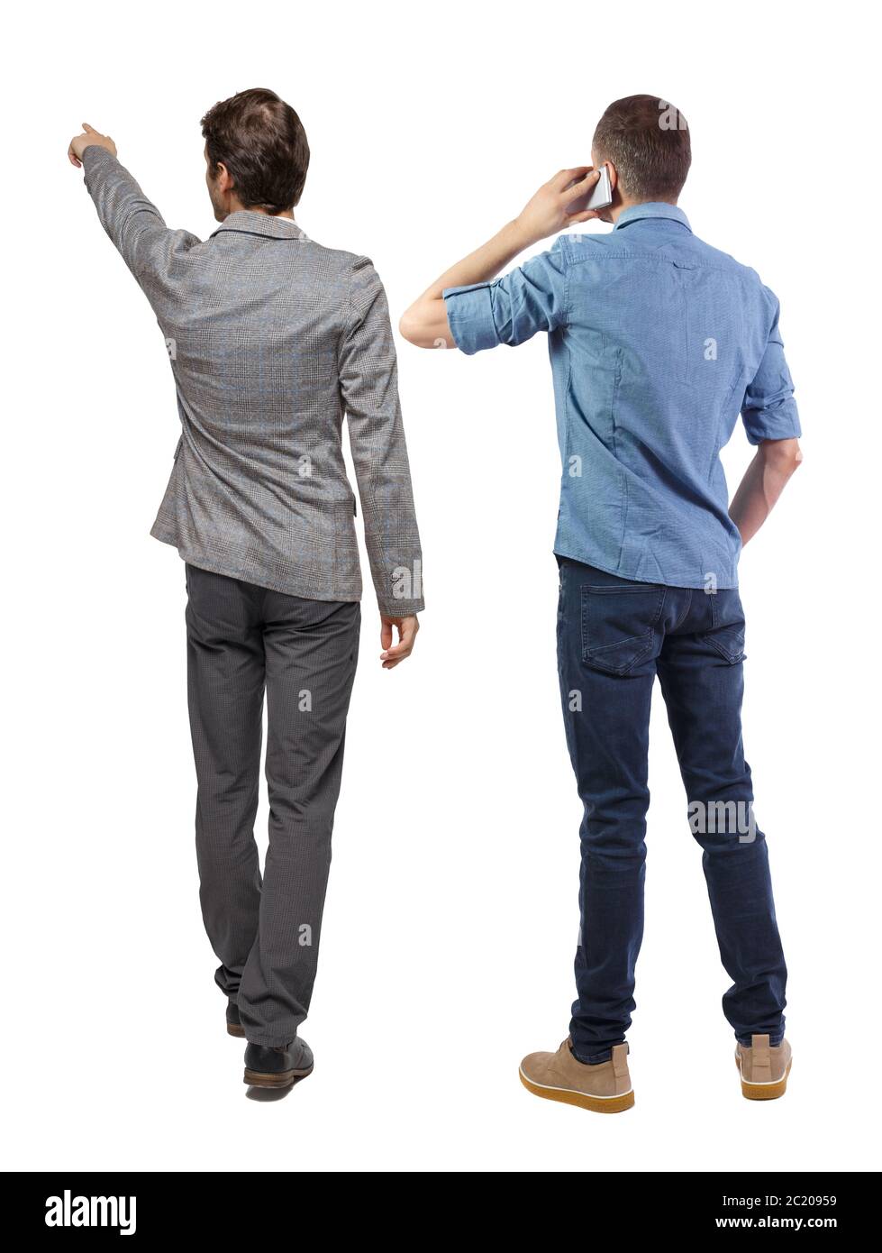 Back view of two business man in suit with mobile phone. Business team ...
