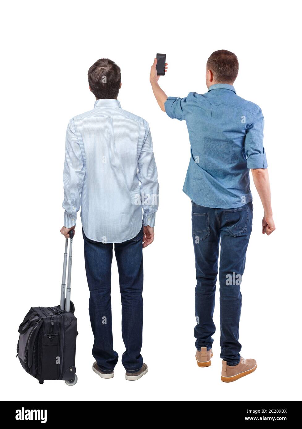 Back view of two business men in suit pointing. Business team ...