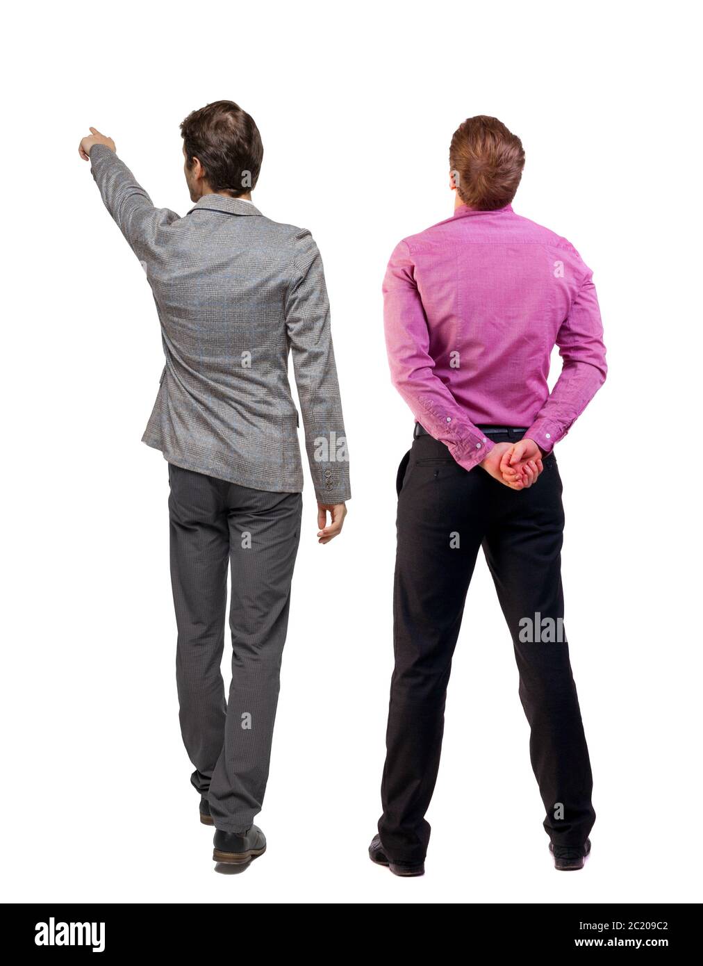 Back view of two business men in suit pointing. Rear view people ...