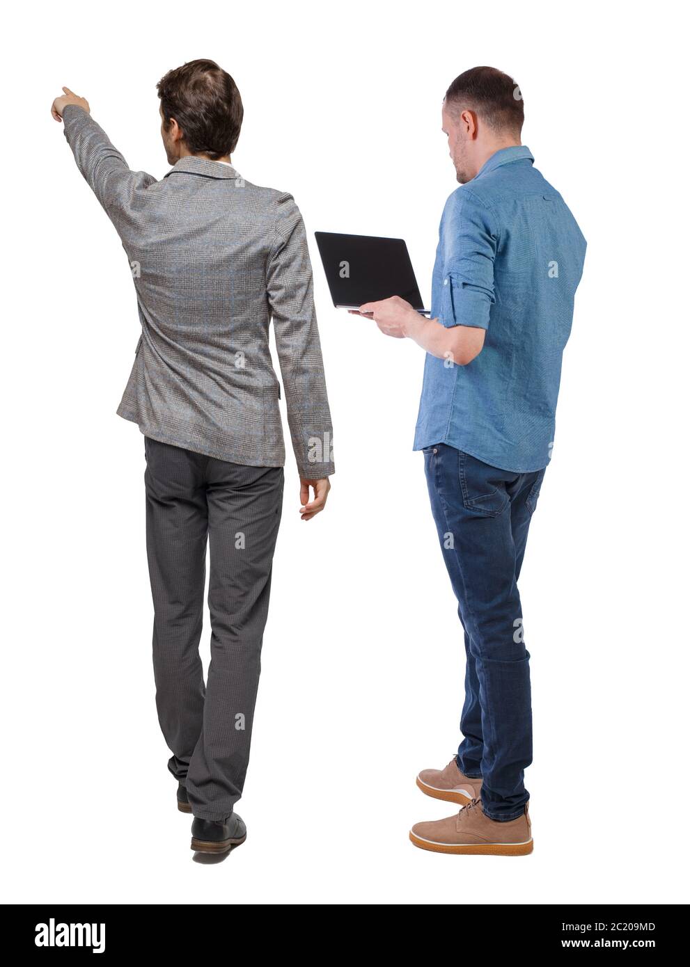 Back view of two business man in suit with laptop. Rear view people ...
