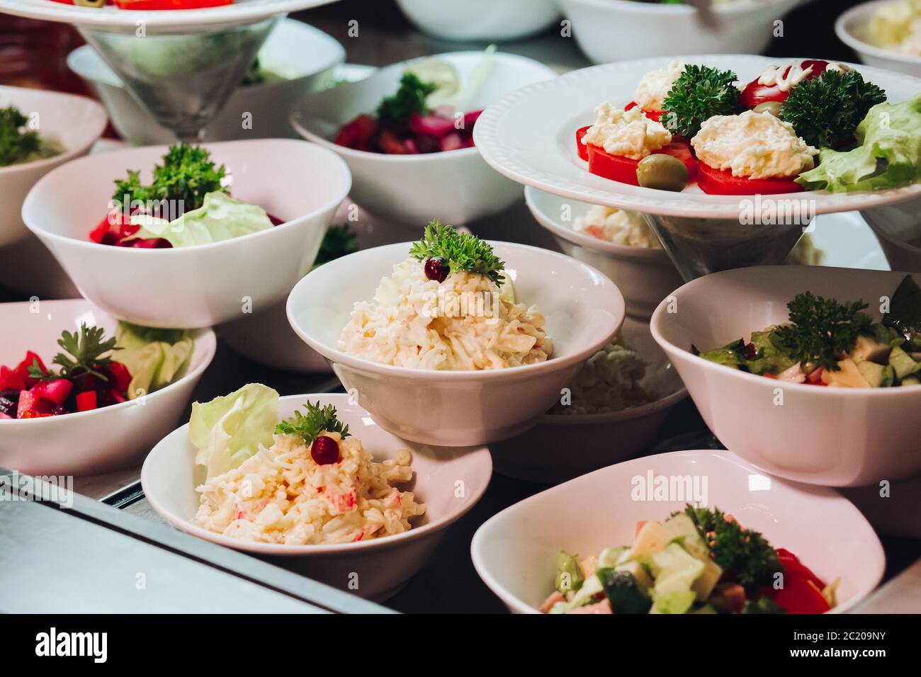 Many round plates with tasty vegetables dish of salads in restaurant ...