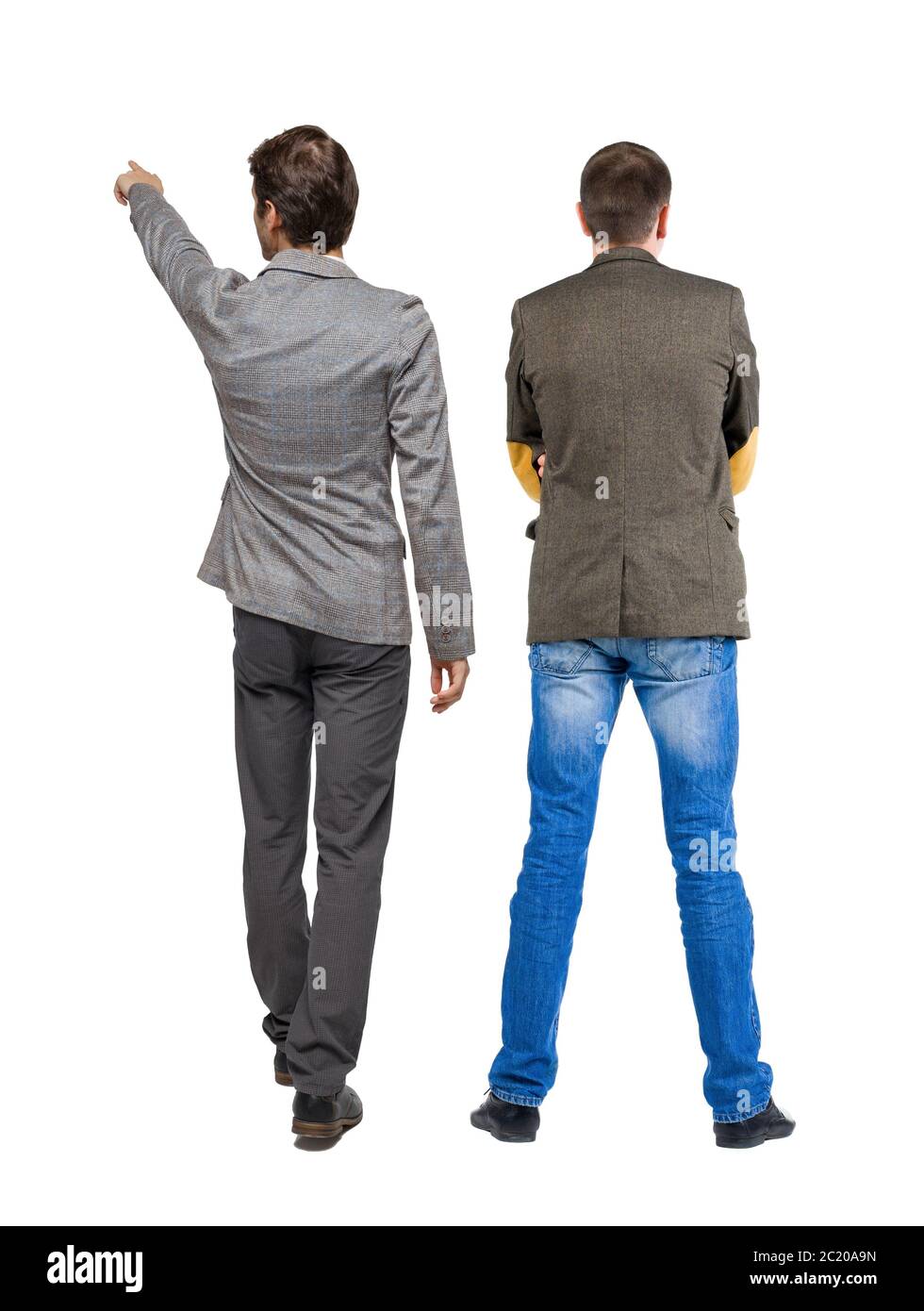 Back view of two business men in suit pointing. Rear view people ...
