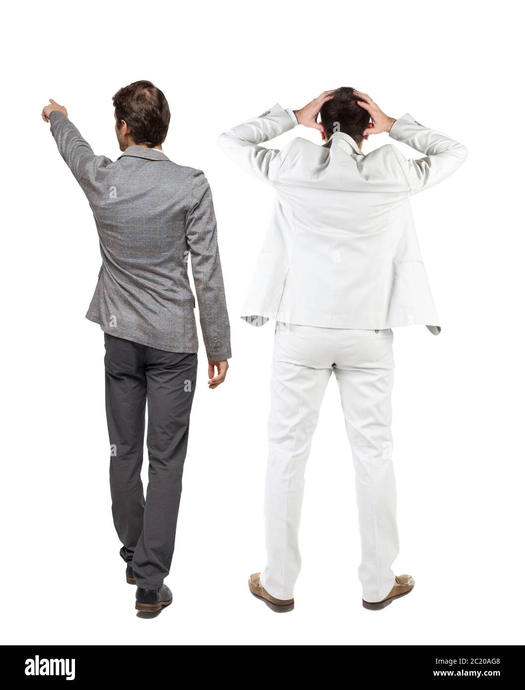 Back view of two business men in suit pointing. Rear view people ...