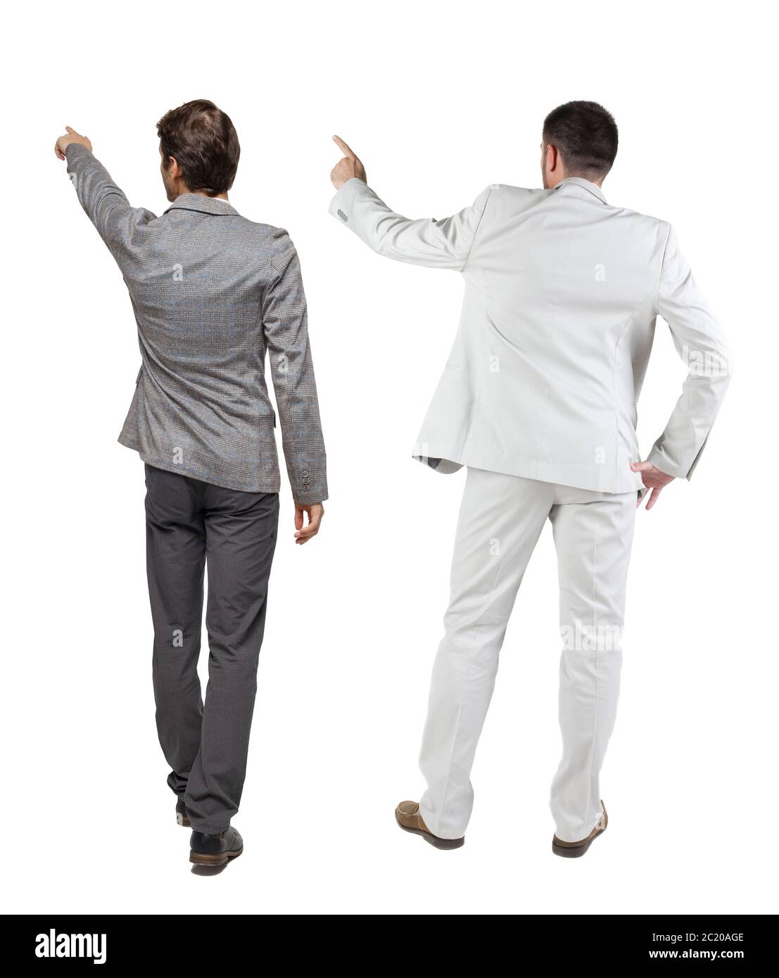 Back view of two business men in suit pointing. Rear view people ...
