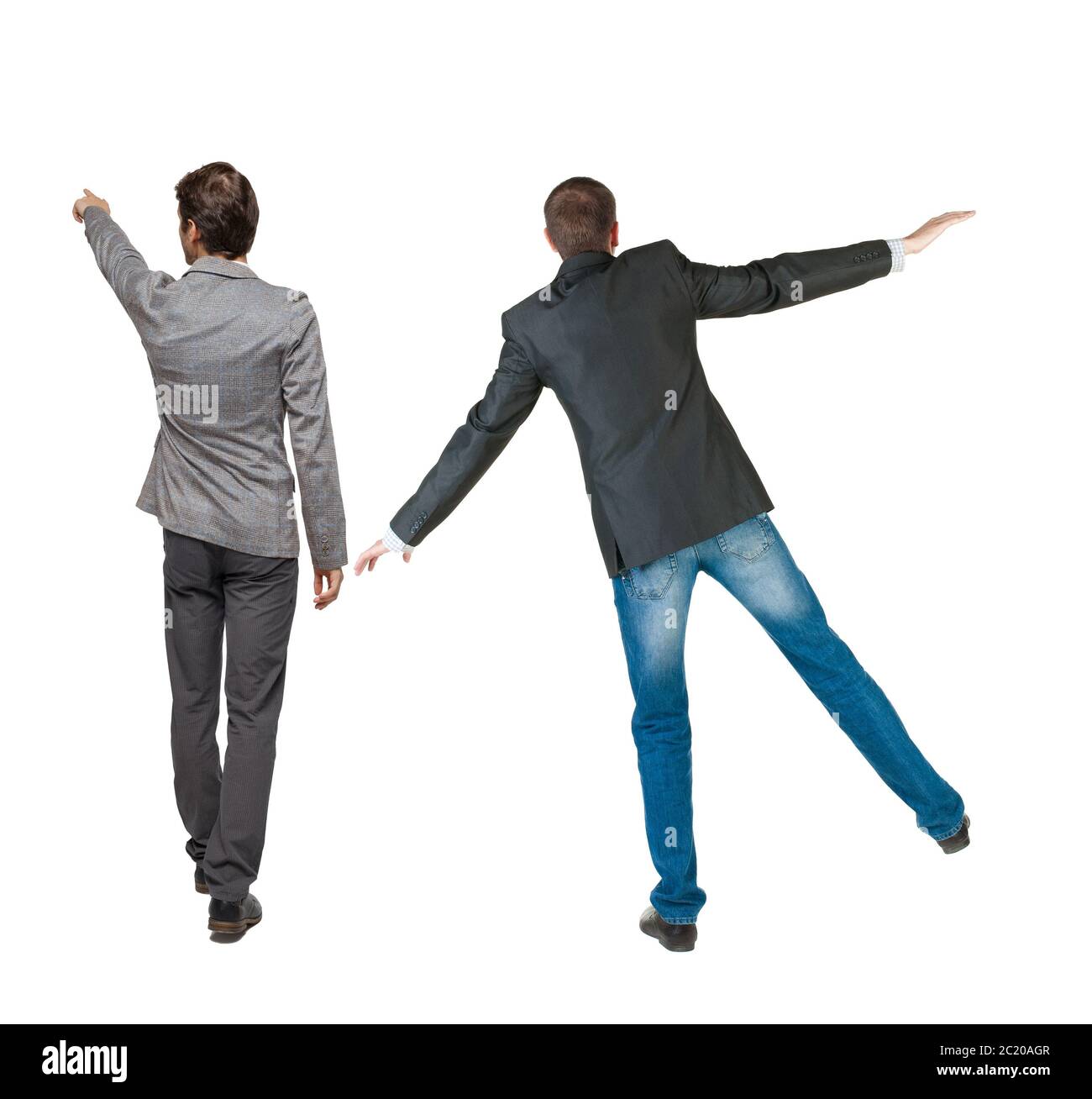 Back view of two business men in suit pointing. Rear view people ...