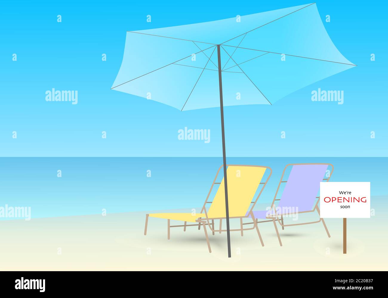 Two beach chairs and a blue umbrella on the beach. Lettering we are ...