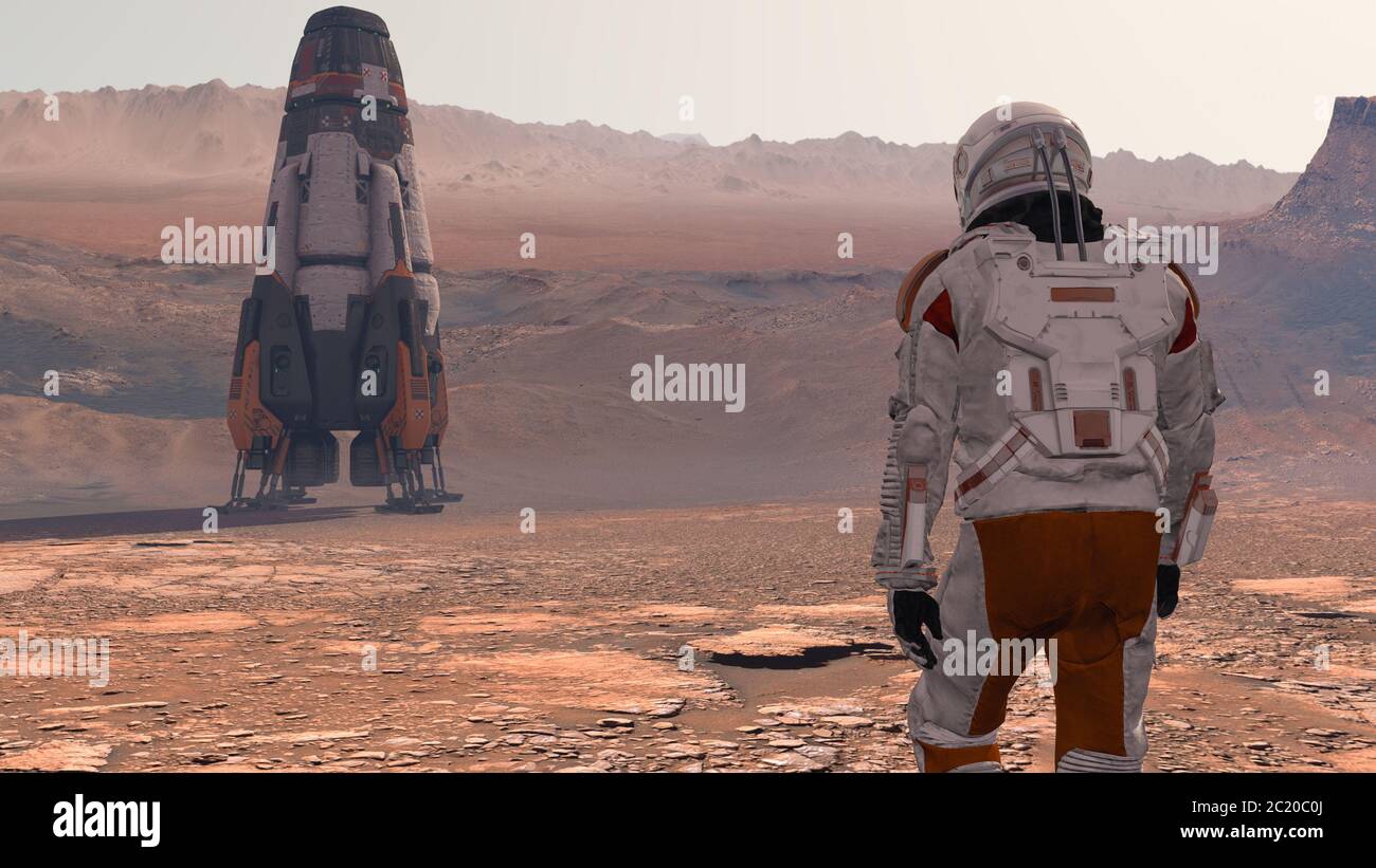 Astronaut Wearing Space Suit Walking On The Surface Of Mars. Exploring Mission To Mars ...