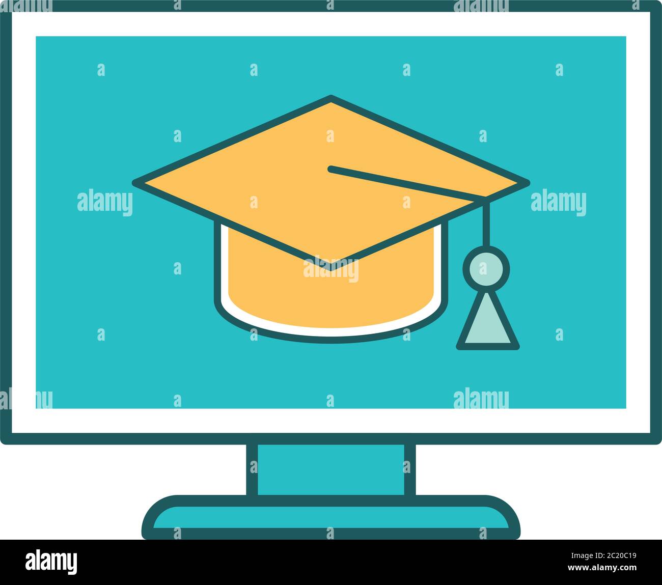 computer with graduation cap line and fill style icon design, Education ...