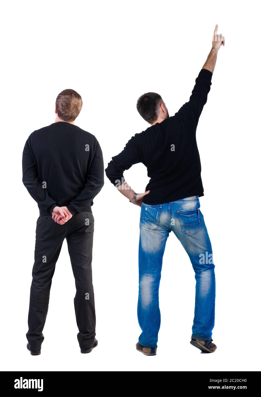 Back view of business man and business woman in suit pointing. Business ...