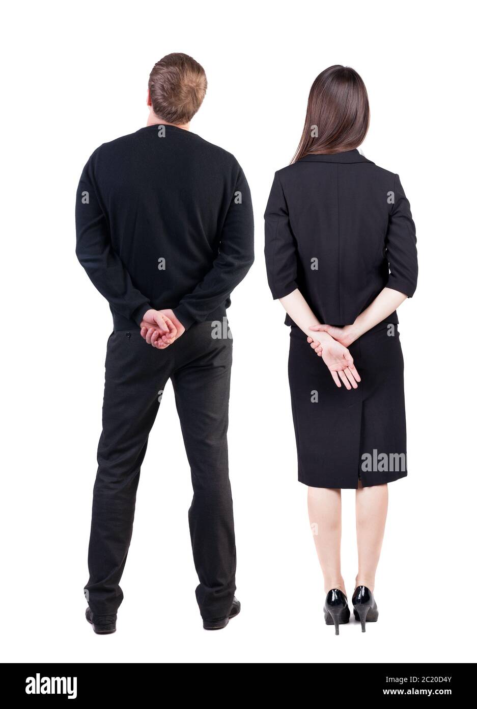 Back view of business woman and business man in suit. Business team ...