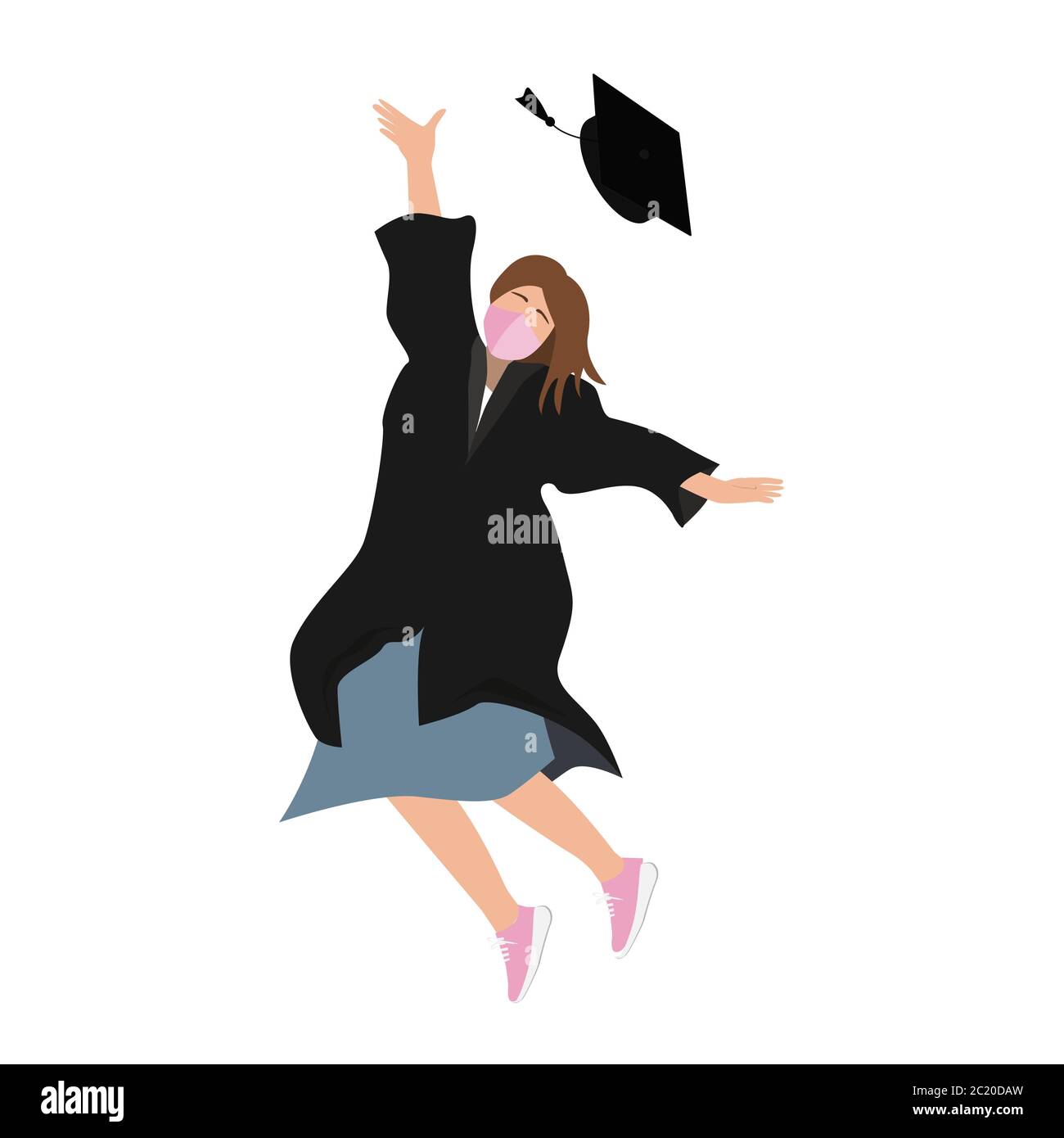 Young 20202 graduate student girl in medical mask and graduation gown ...