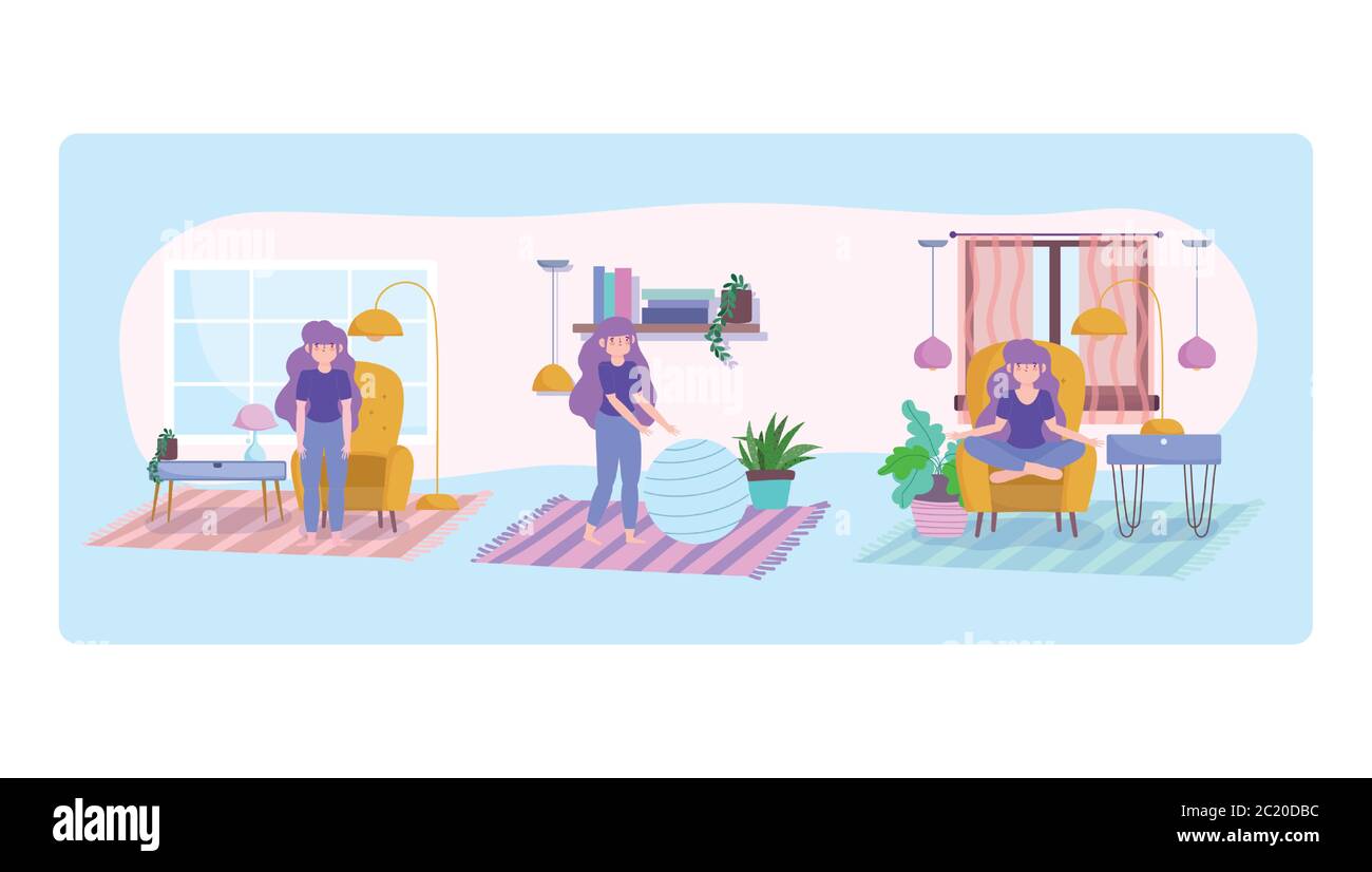 stay at home, girl making different activities in room, self isolation ...