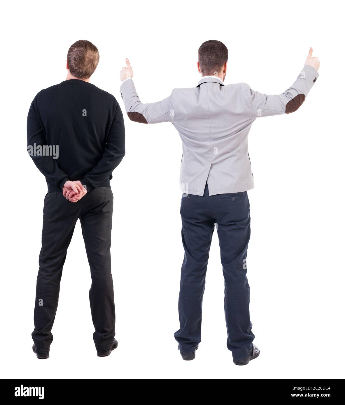 Back view two business man in suit showing thumb up. Business team ...