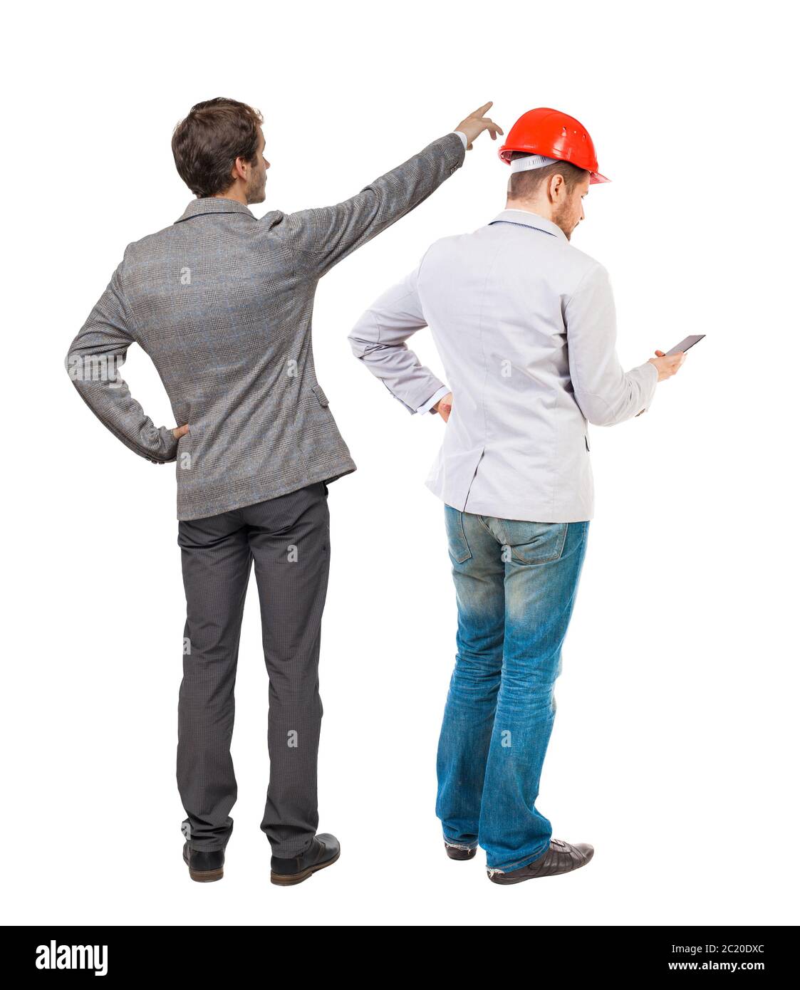 Back view of two business man in suit with mobile phone. Business team ...