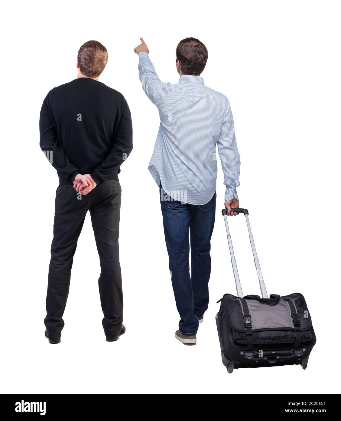 Back view of two business men in suit pointing. Business team ...