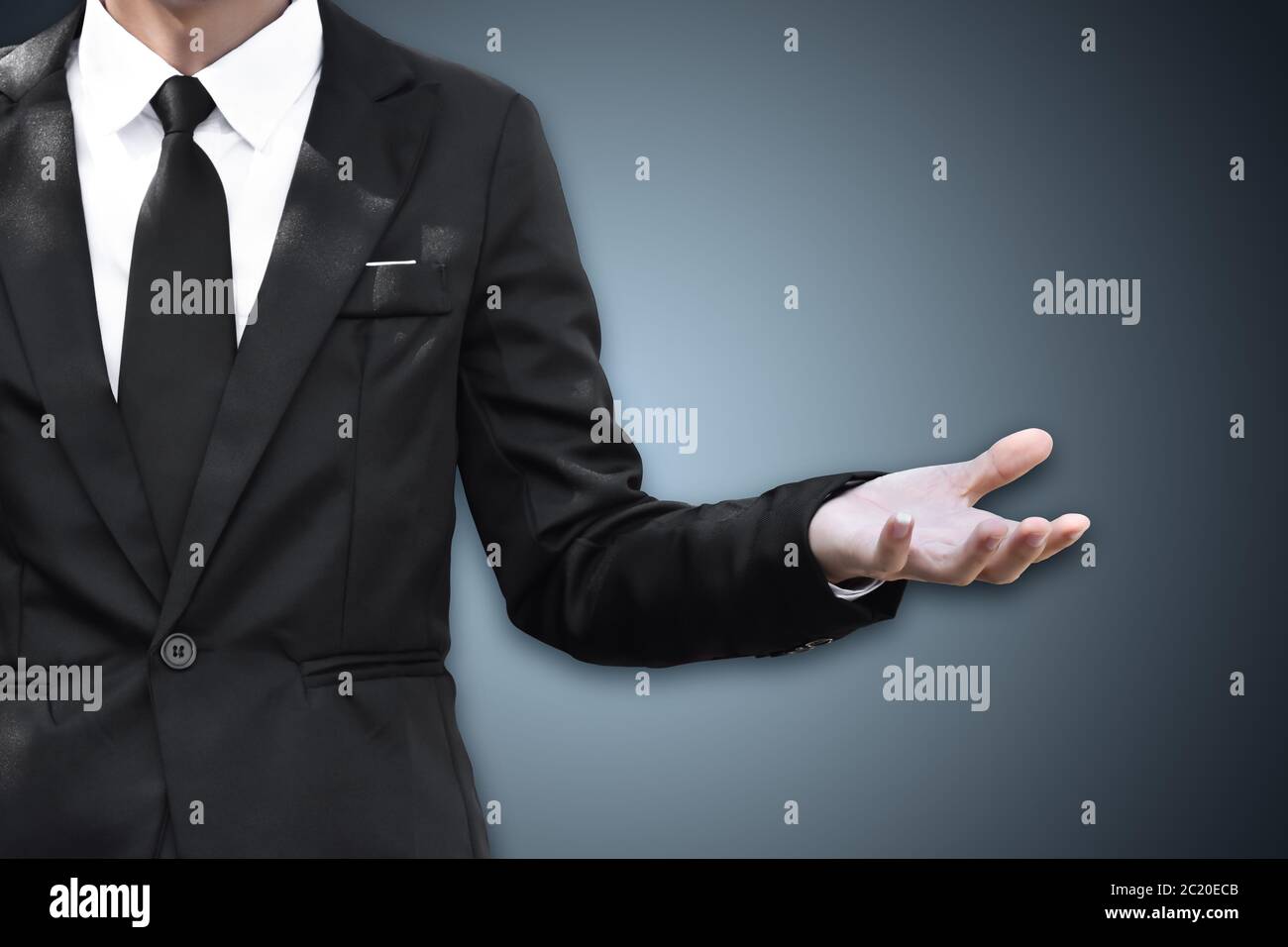 Businessman standing and shows outstretched hand with open palm, copy ...