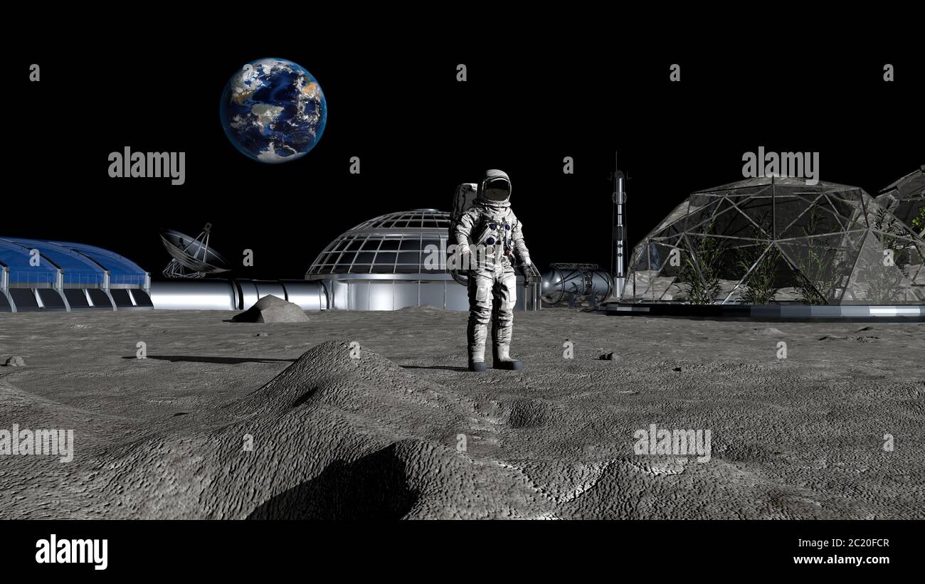 3D rendering. Sci-fi scene. The colony of the future on the moon ...