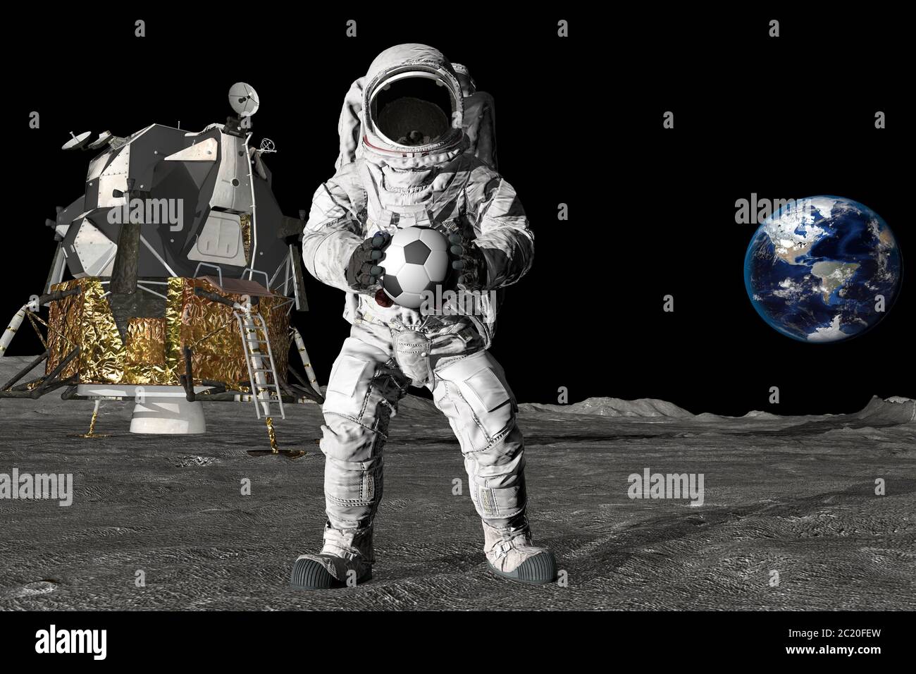 3d rendering Astronaut on the moon playing football. Slow motion ...