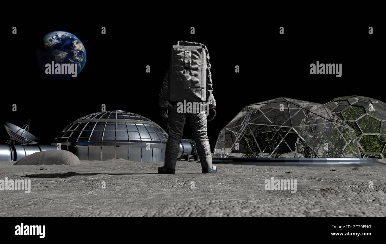 3D rendering. Sci-fi scene. The colony of the future on the moon ...