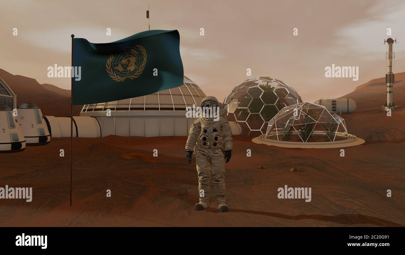 3D rendering. Colony on Mars. Astronaut saluting the UN flag. Exploring ...
