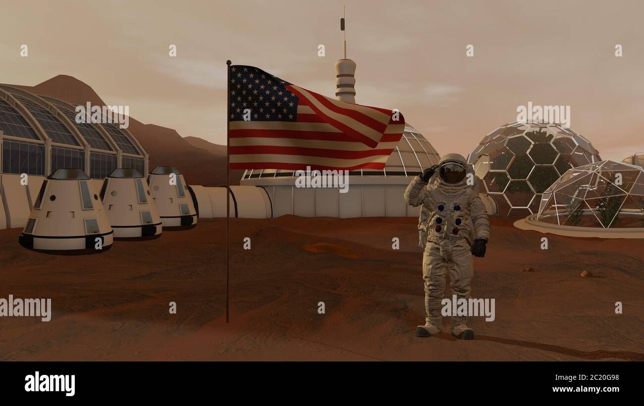 3D rendering. Colony on Mars. Astronaut saluting the American flag ...