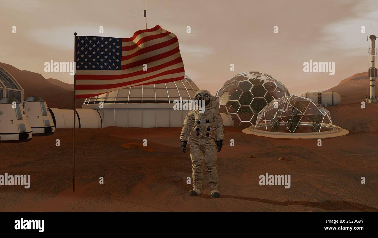 3D rendering. Colony on Mars. Astronaut saluting the American flag ...