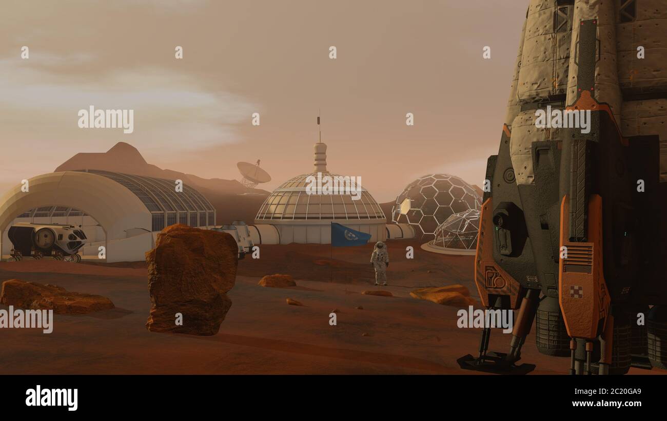 3D rendering. Colony on Mars. Astronaut saluting the UN flag. Exploring ...