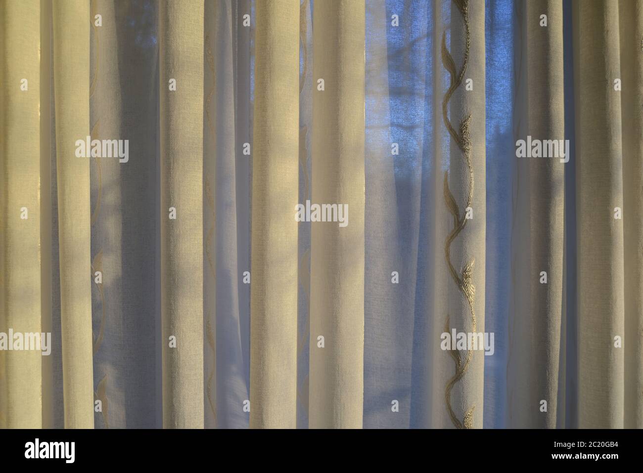 translucent curtains behind which the sky and trees are visible Stock ...