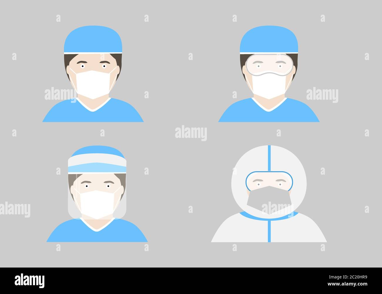 illustration of different types of doctor protective wear. Surgical hat ...
