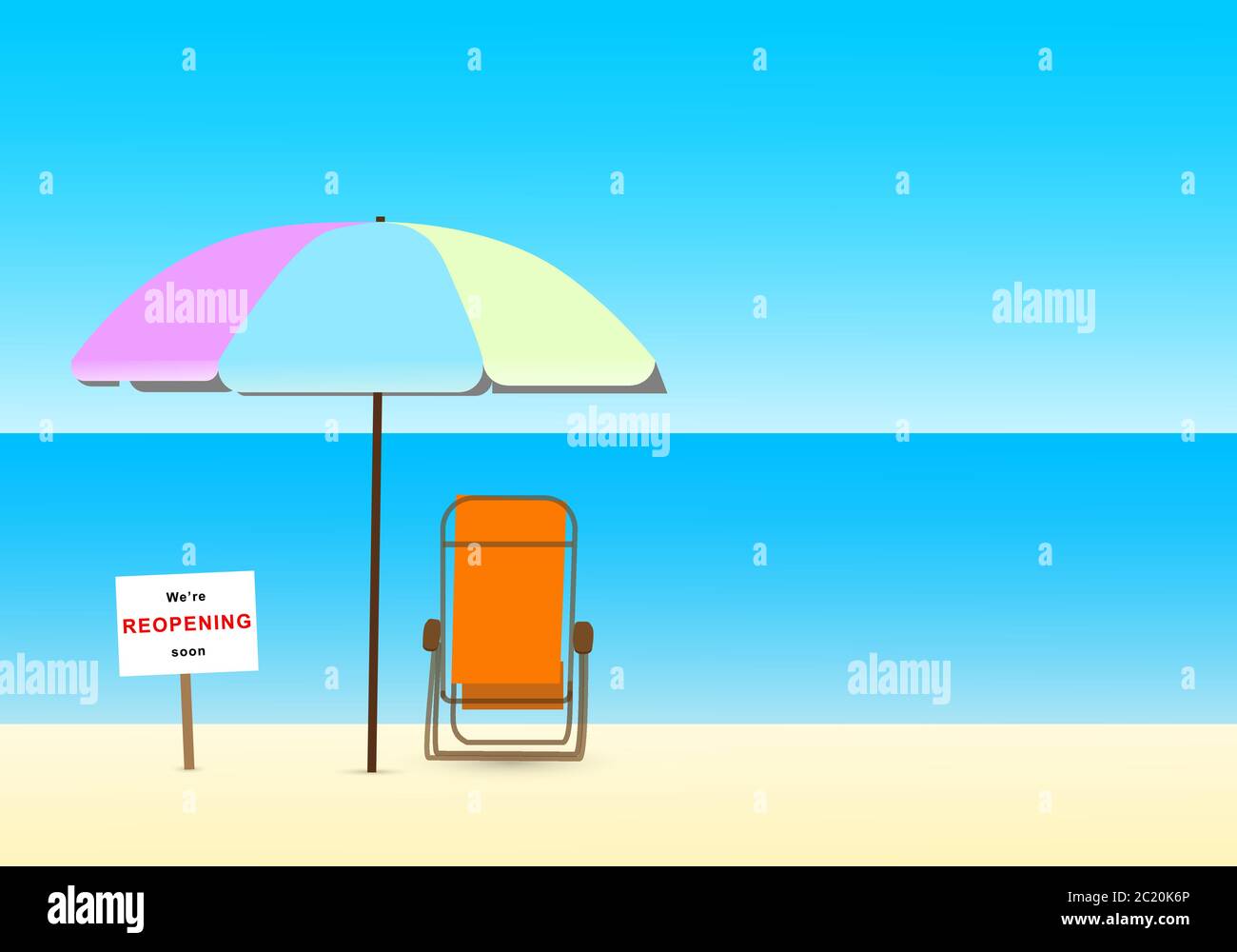 A beach chair and an umbrella on the beach. Lettering we are reopening ...