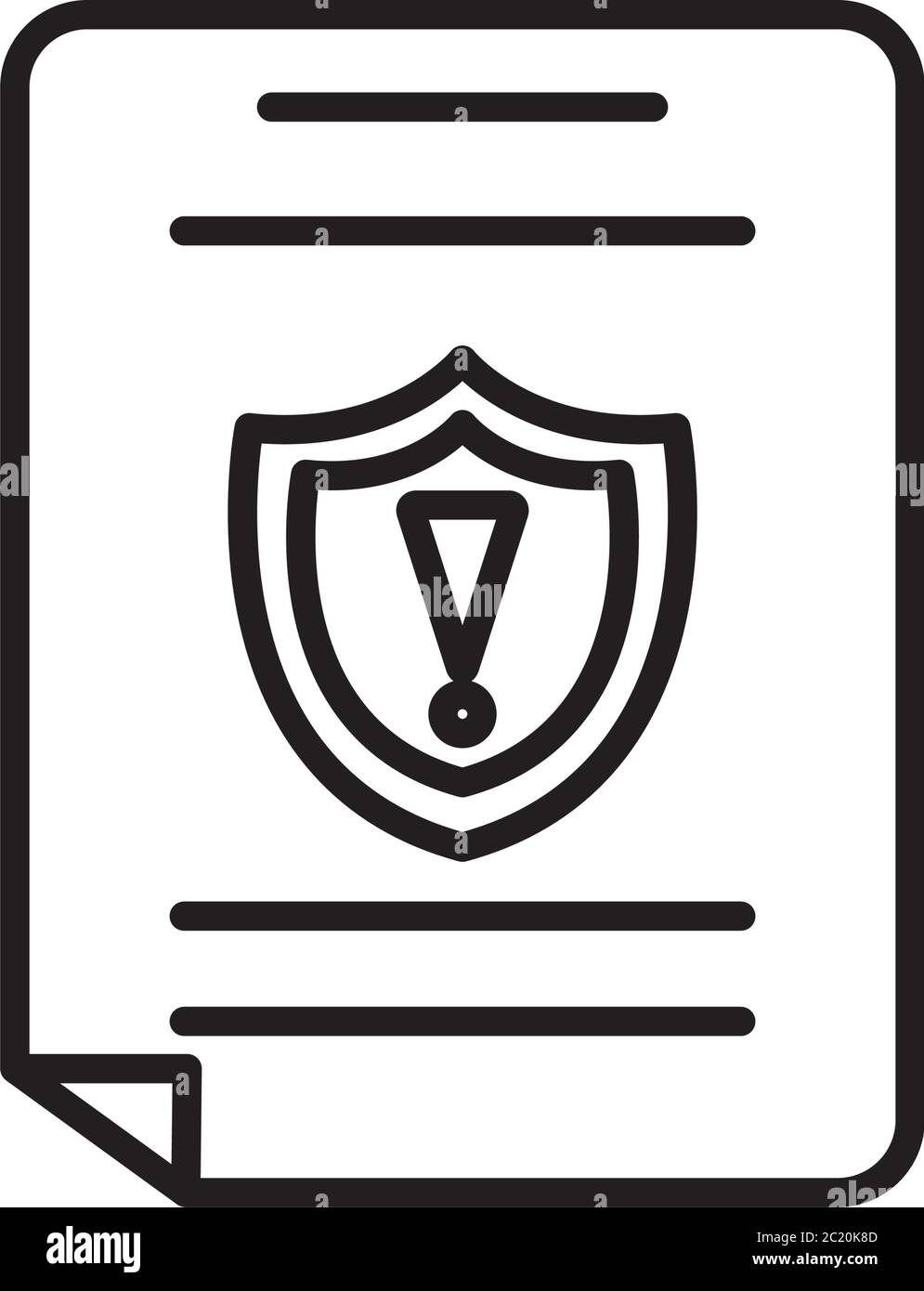 document with alert shield icon over white background, line style ...